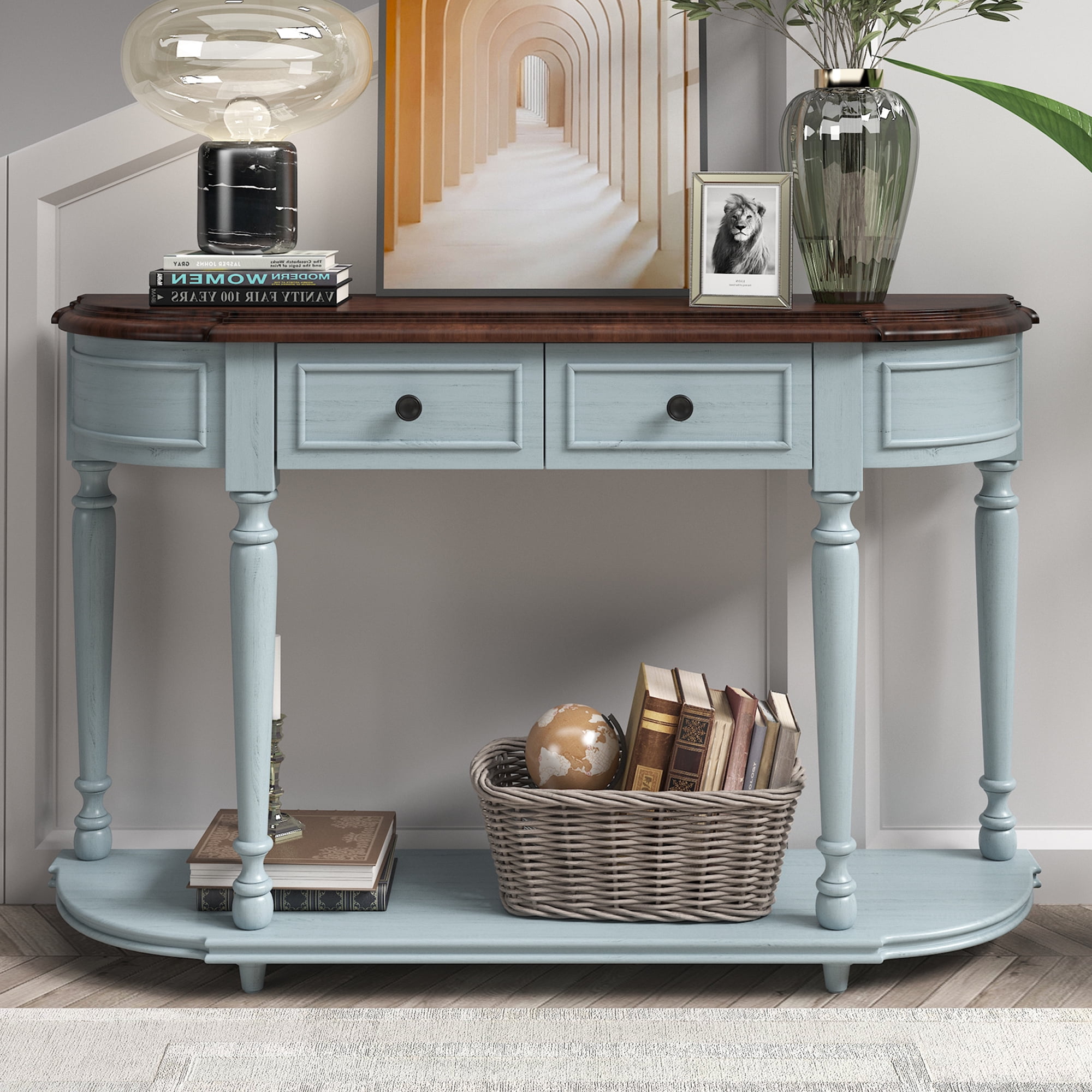 UWR-Nite Retro Circular Curved Entryway Table, Solid Wood Console Table ...