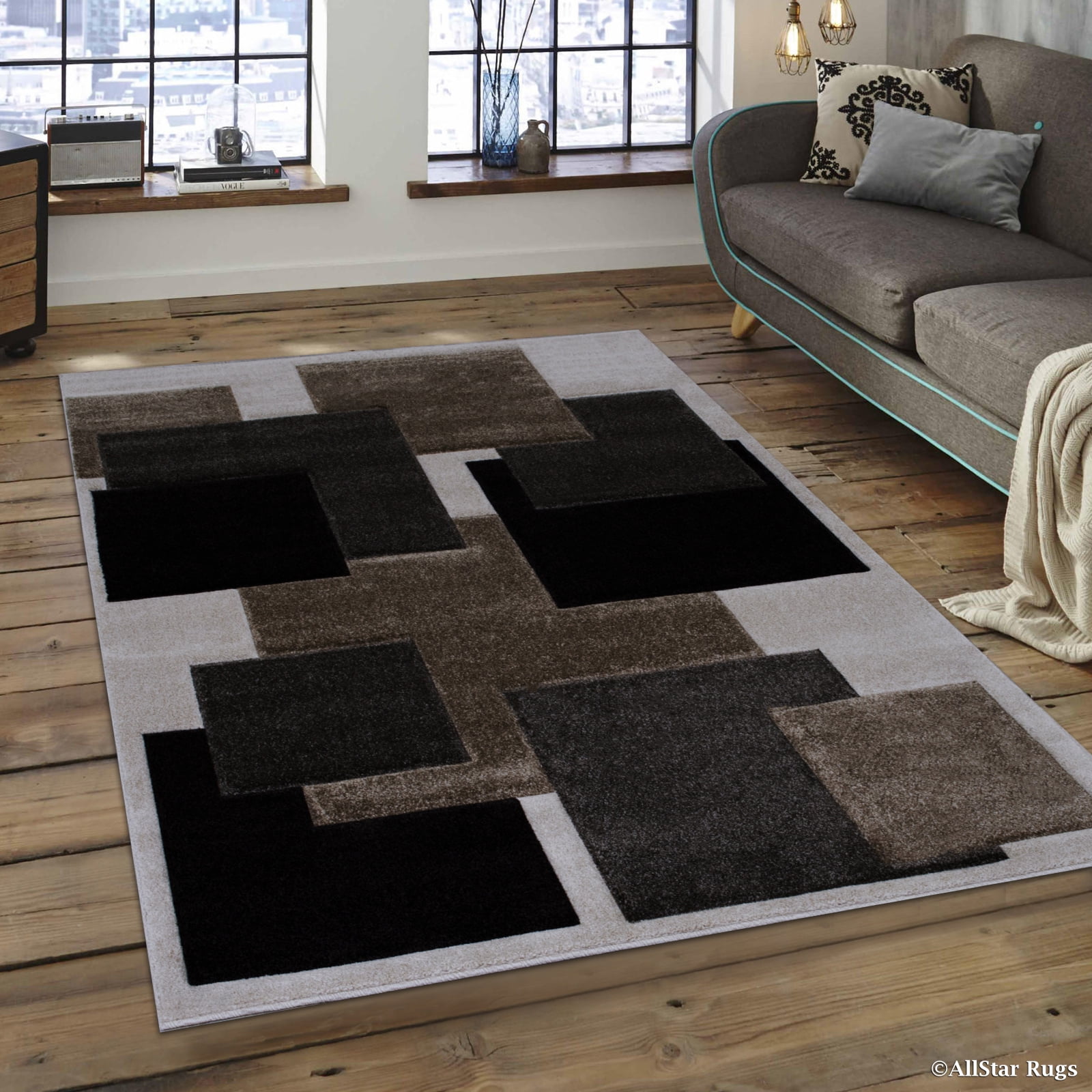 Allstar Ivory Modern Geometric square Contemporary design Area Rug (7 ...