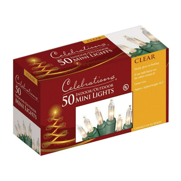 Celebrations Mini Light Set 50 Lights Clear Bulbs 10.2' Green Cord ...