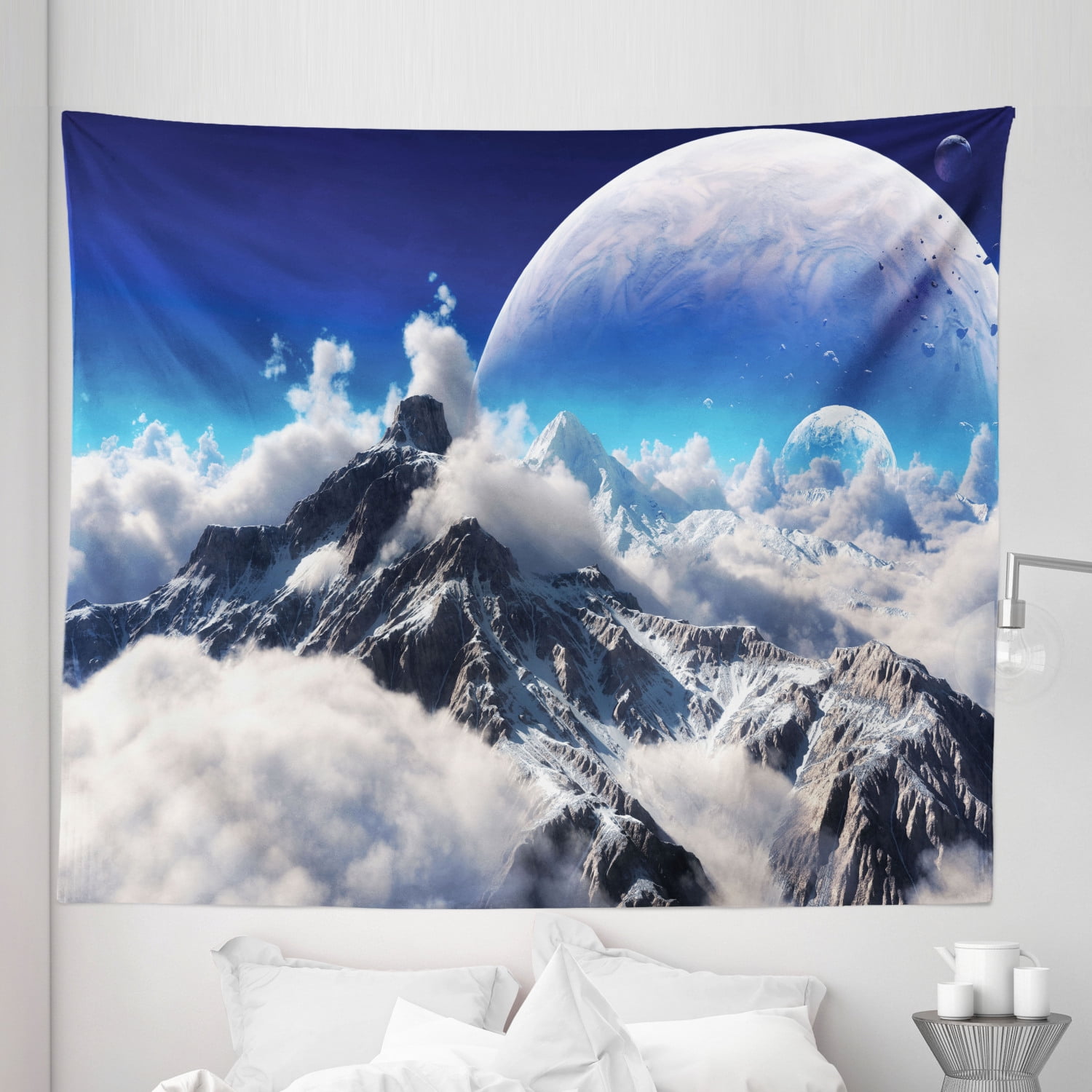 Fantasy Tapestry, Celestial View of Snow Capped Mountains and Alien ...