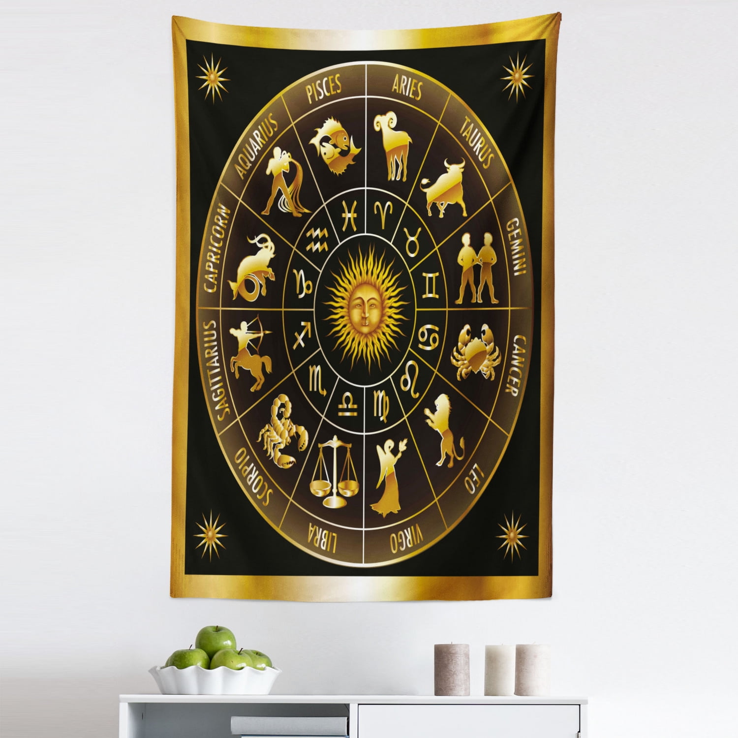 Astrology Tapestry, Wheel Zodiac Constellation Signs in Circle Sun Moon ...