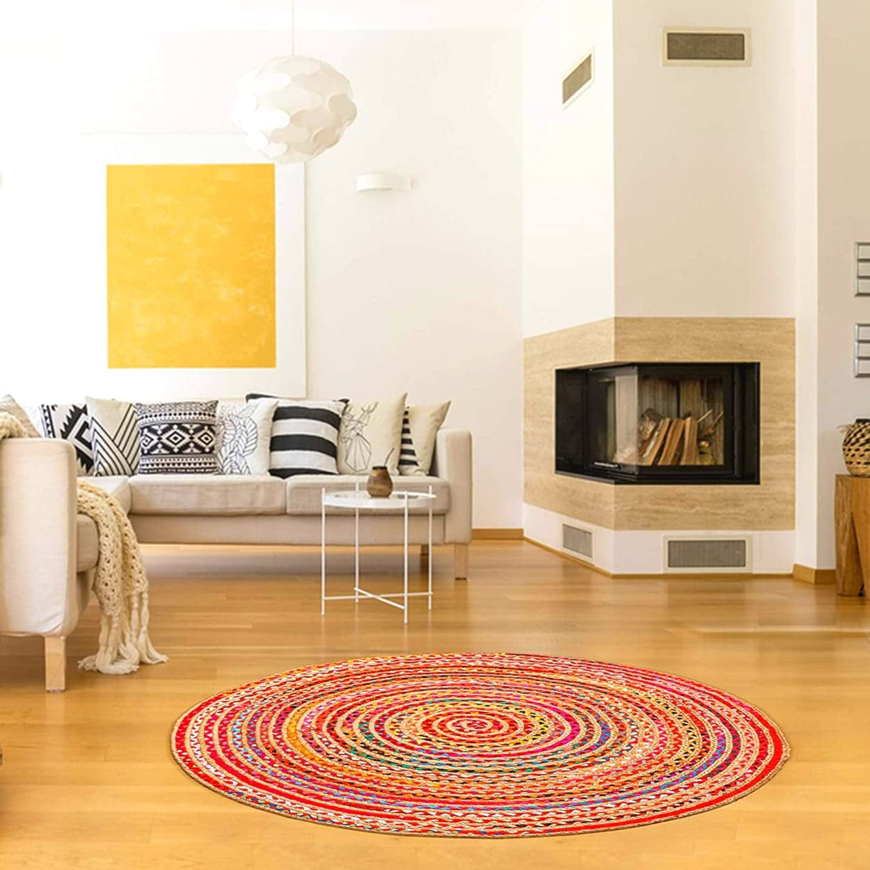 Indian Handmade Braided Multi Color Cotton with Natural Jute Round Rugs ...