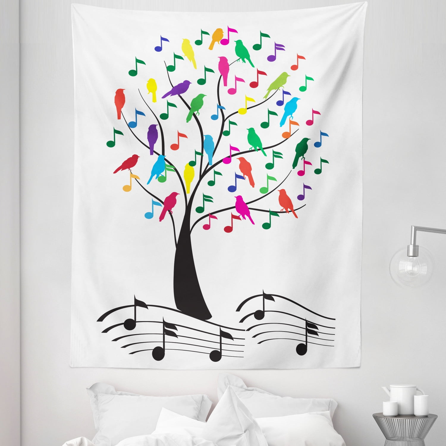 Music Tapestry, Tree with Musical Notes and Birds on Branch Happy Jolly ...
