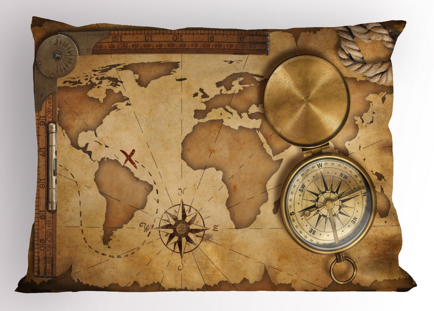Map Pillow Sham Aged Vintage Treasure Map Ruler Rope Old Compass ...