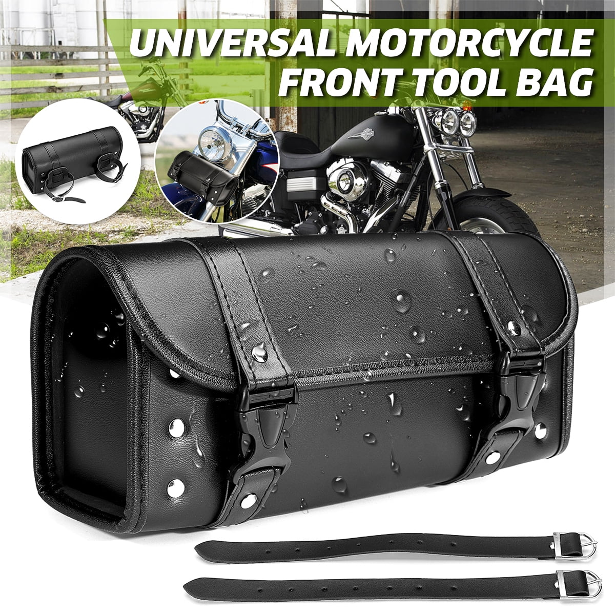 12" Universal Motorcycle Front PU Leather Fork Tool Side Bag Saddlebag ...