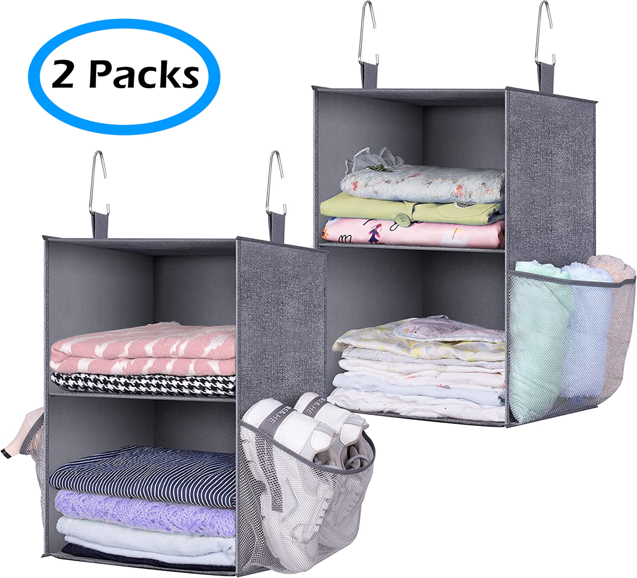 MISSLO Large Hanging Closet Organizer 2-Shelf with 2 Side Mesh Pockets ...