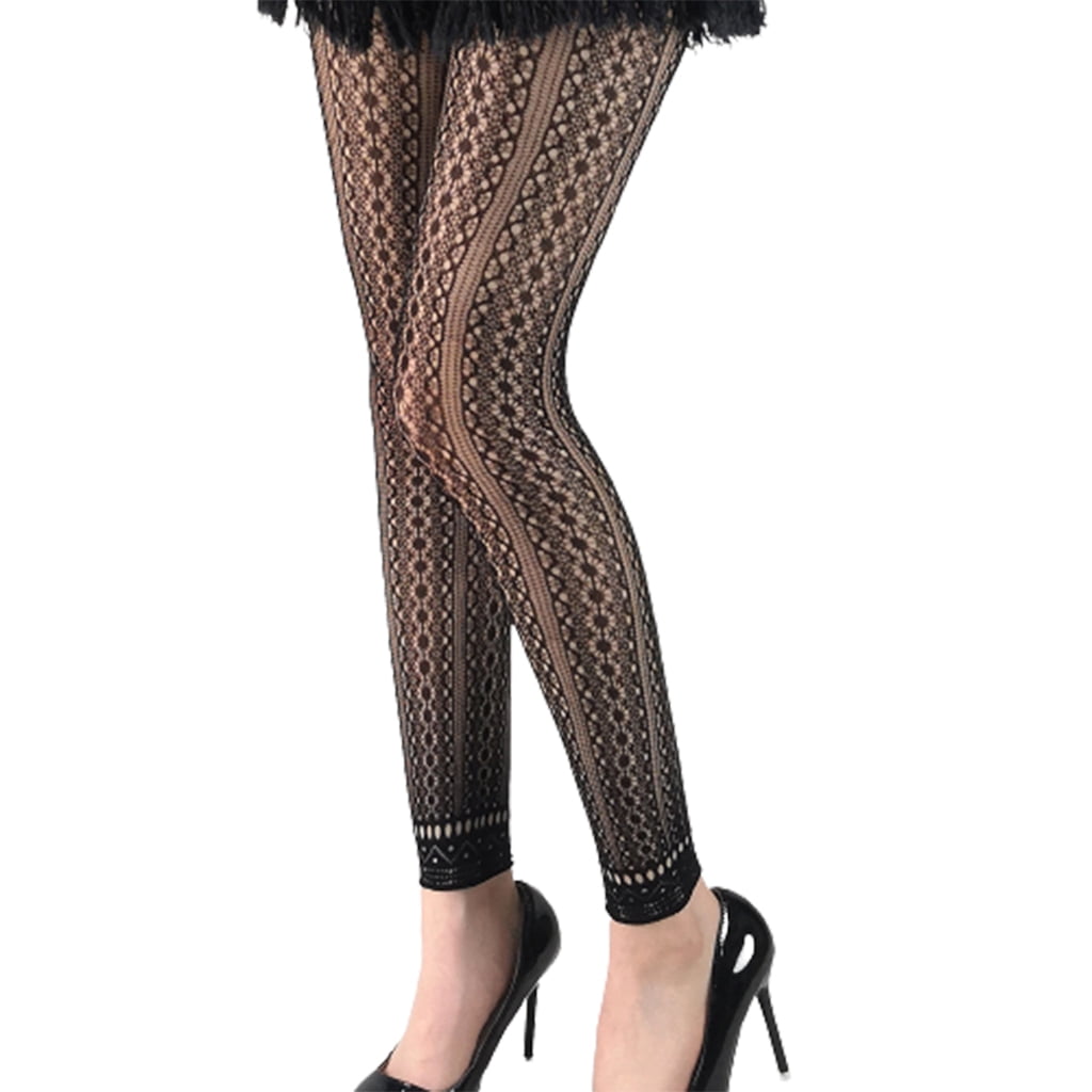 Women Sexy High Waist Fishnet Footless Leggings Flower Jacquard Patterned Mesh Net Tights Black ...