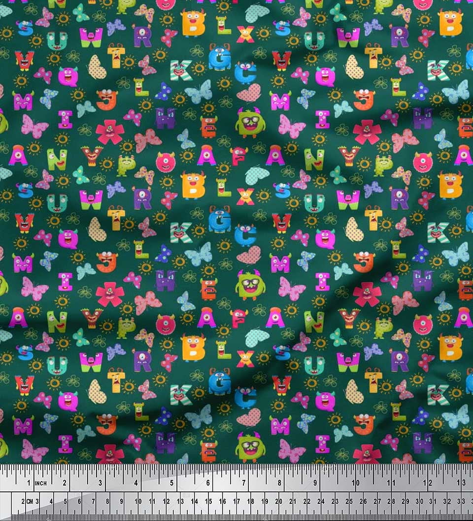 Soimoi Green Velvet Fabric Insect,Sun & Cartoon Alphabets Text Fabric ...