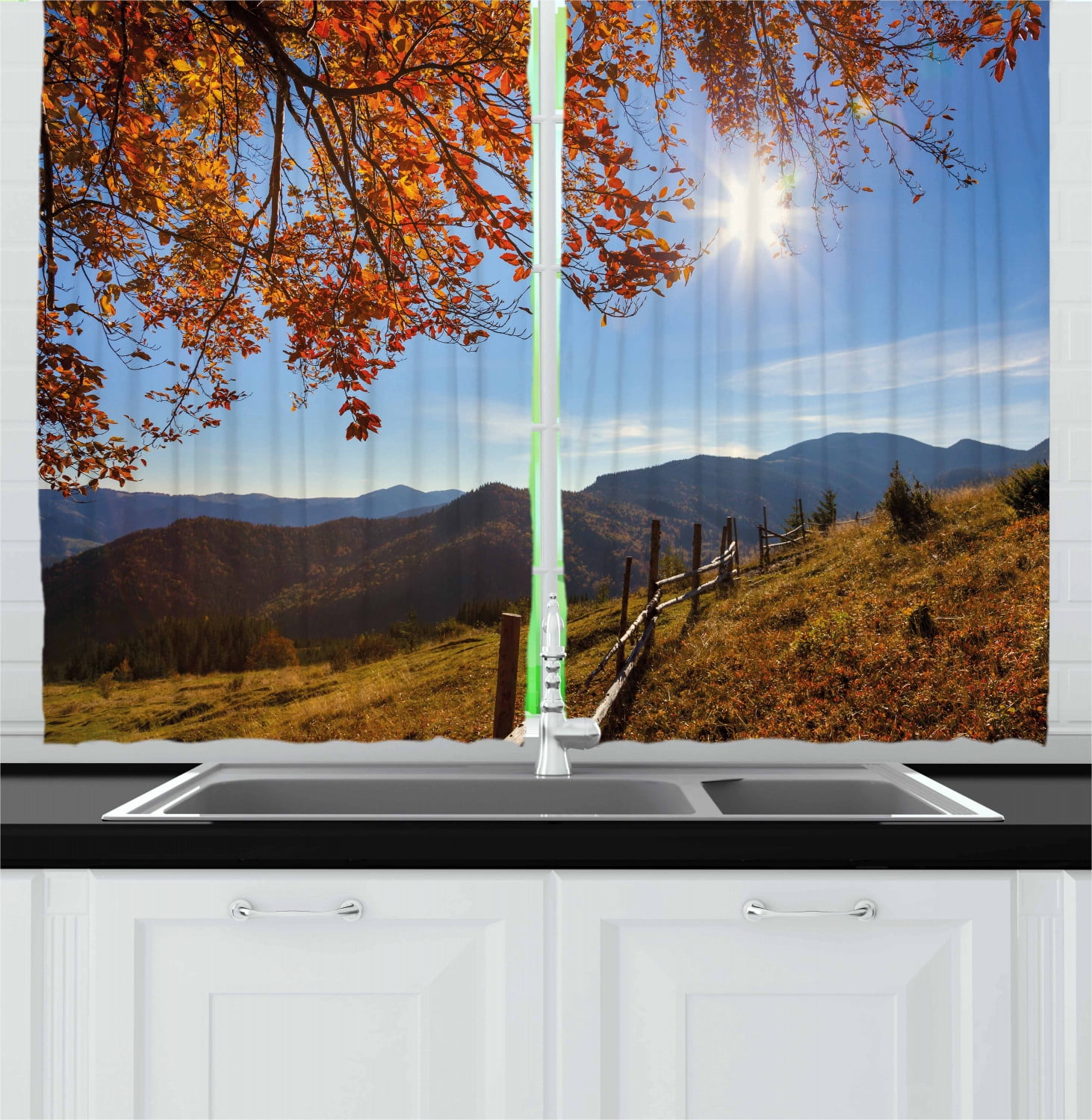 Fall Curtains 2 Panels Set, Fallen Leaves Over the Mountains Idyllic ...