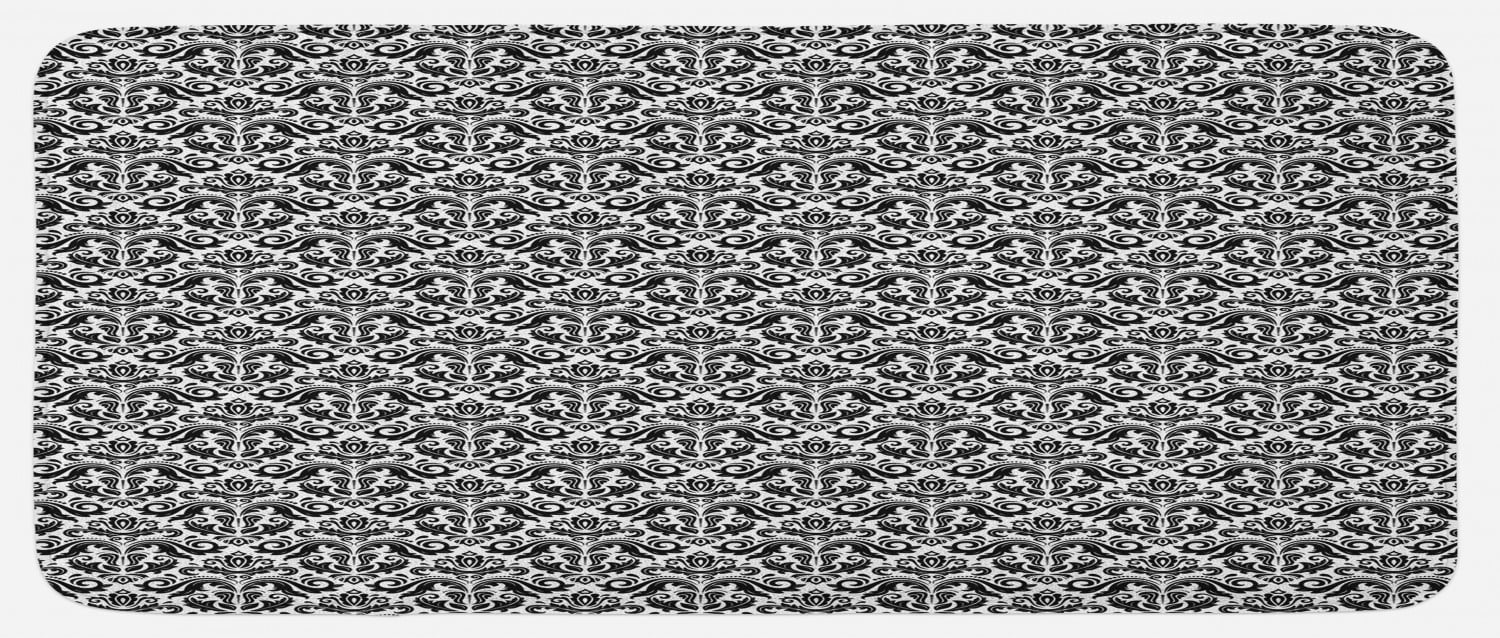 Damask Kitchen Mat, Monochrome Floral Arrangement with Middle Eastern ...