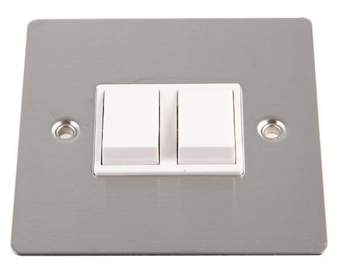 VOLEX Flat Plate 2 Gang 2 Way Light Switch, Brushed Stainless Steel ...