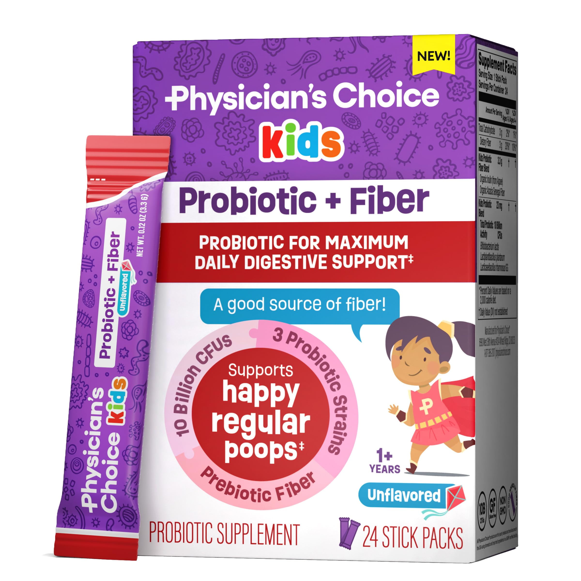 Physician's Choice Kids Probiotic + Prebiotic Fiber Packets (Ages 1+) - Supports Regularity ...