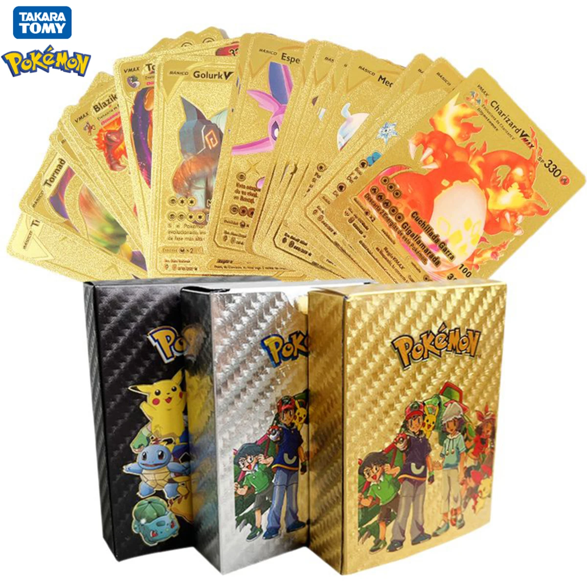 Cartas de Pokémon de Metal dorado y negro, Vmax GX, caja de cartas ...