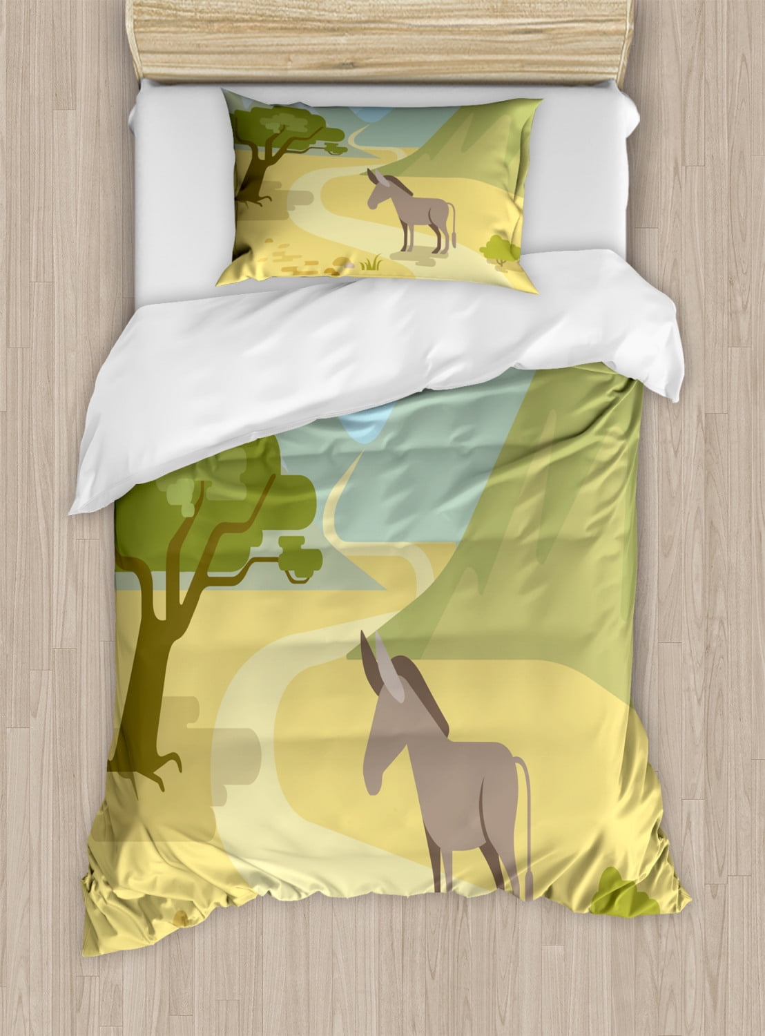 Donkey Duvet Cover Set Twin Size, Flat Design Habitat with a Donkey in ...