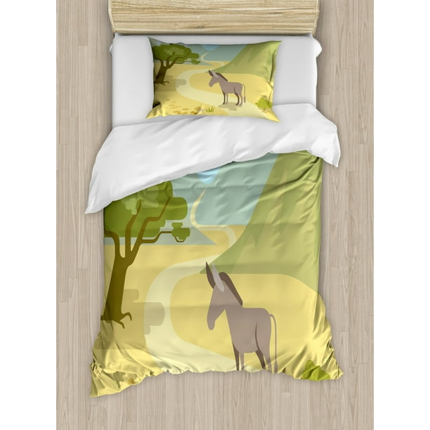 Donkey Duvet Cover Set Twin Size, Flat Design Habitat with a Donkey in ...