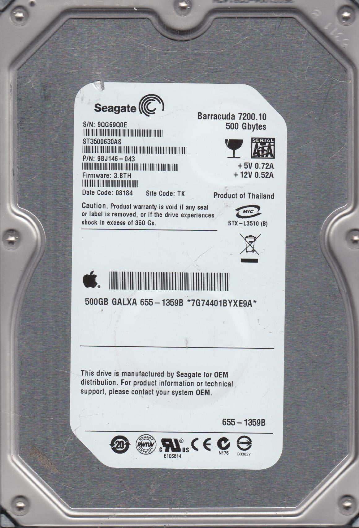 ST3500630AS, 9QG, TK, PN 9BJ146-043, FW 3.BTH, Seagate 500GB SATA 3.5 ...