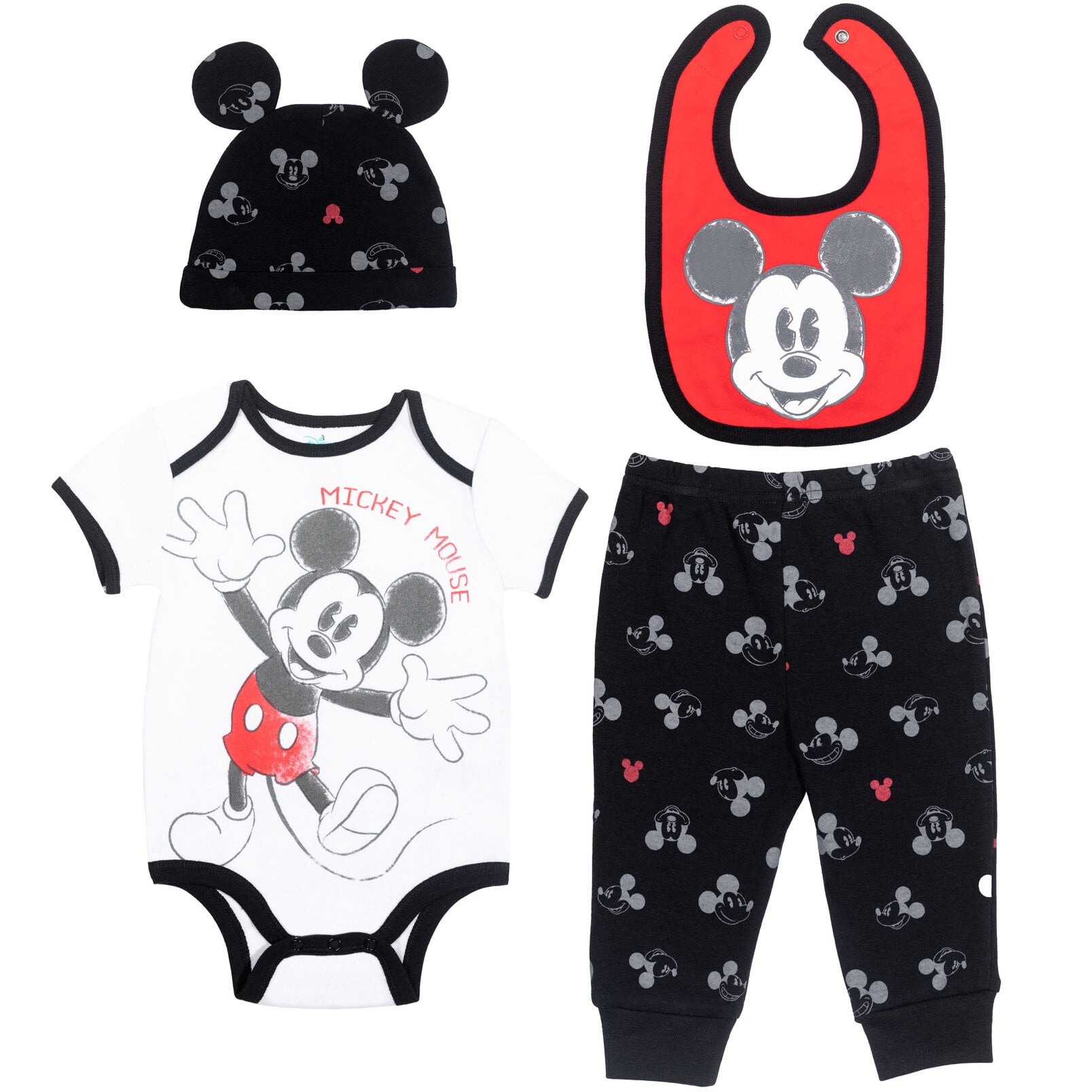 Disney Mickey Mouse Newborn Baby Boys 4 Piece Outfit Set: Bodysuit ...