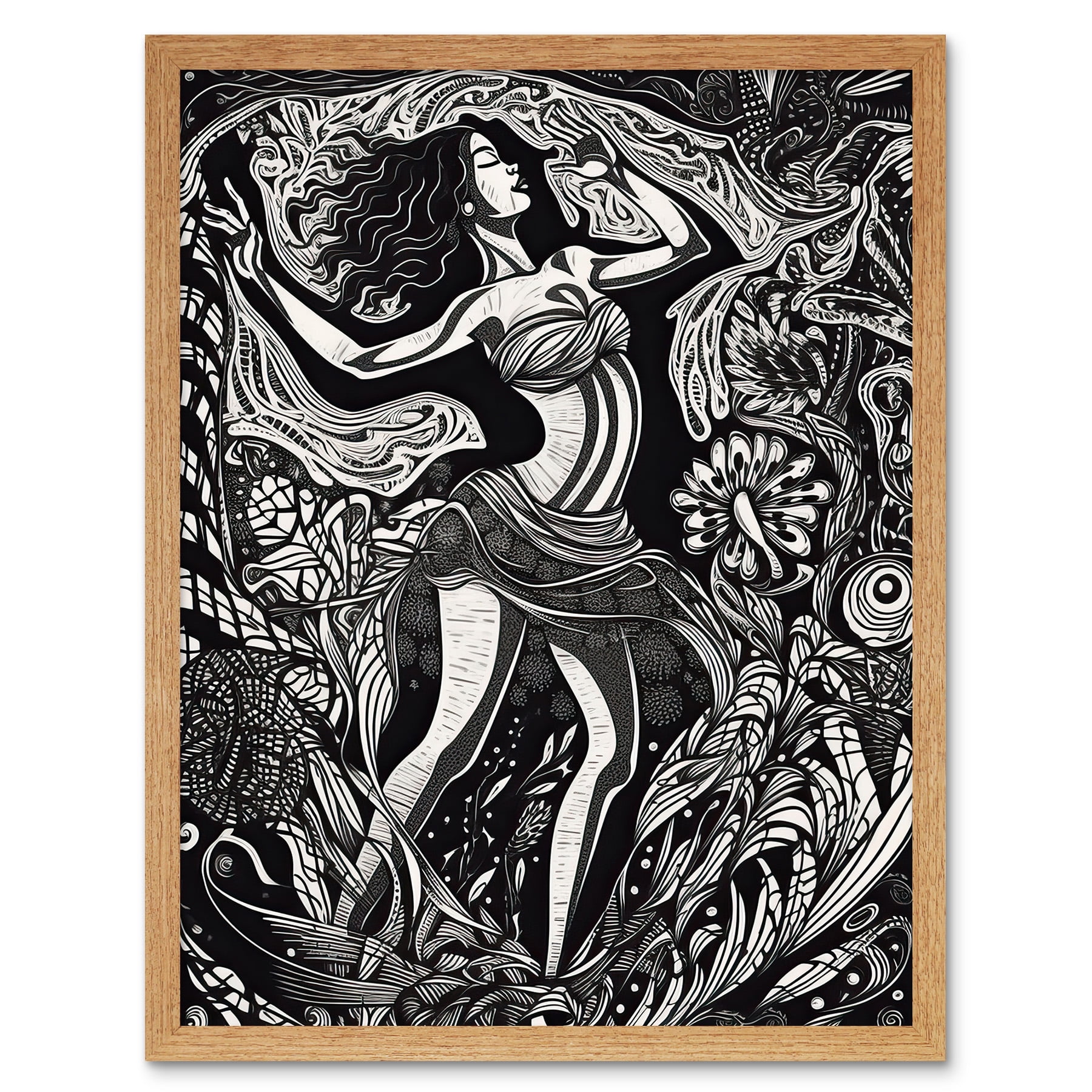 Dancing in a Flower Field Modern Tribal Linocut Art Print Framed Poster ...