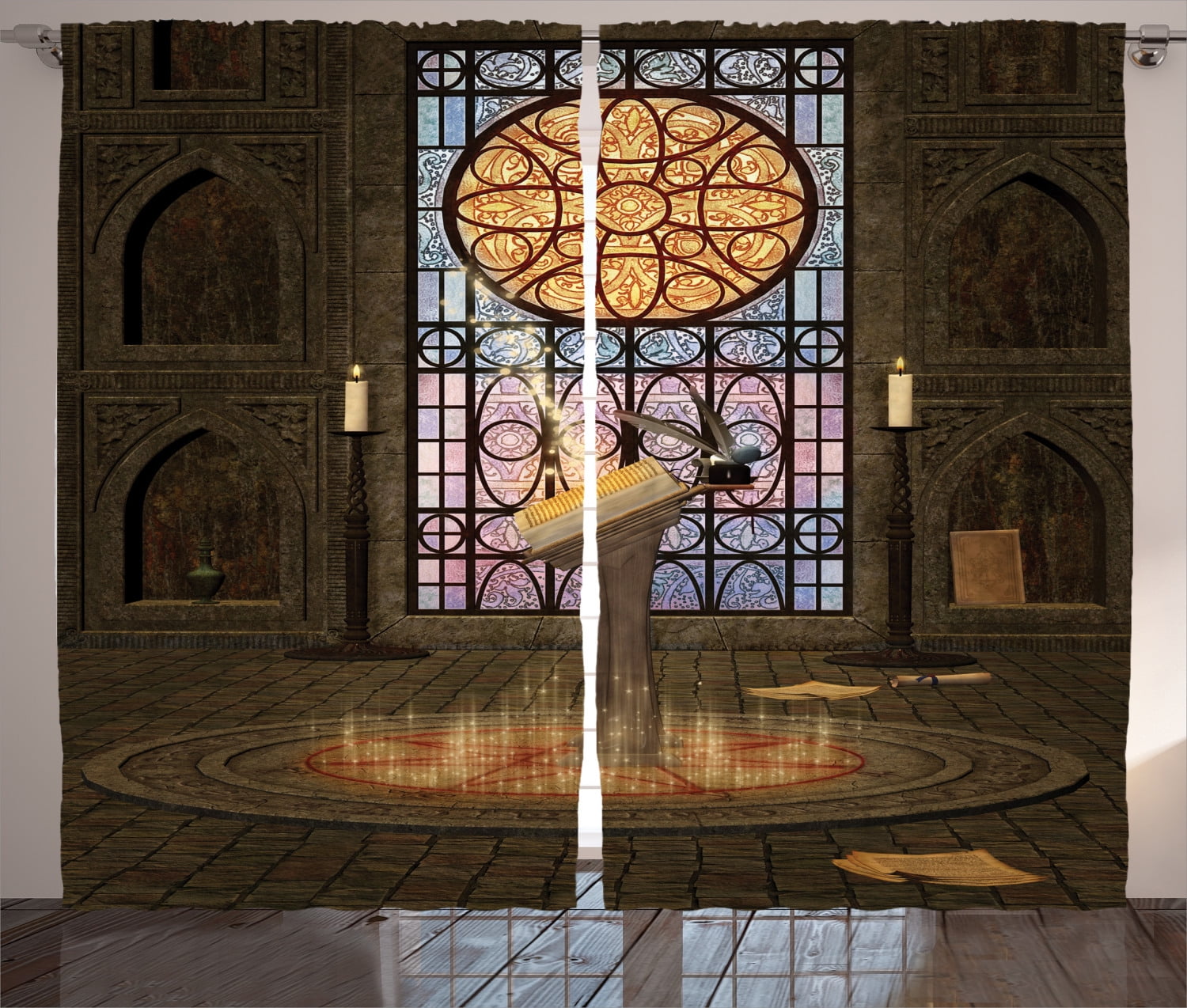 Gothic House Decor Curtains 2 Panels Set, Lectern on Pentagram Medieval ...