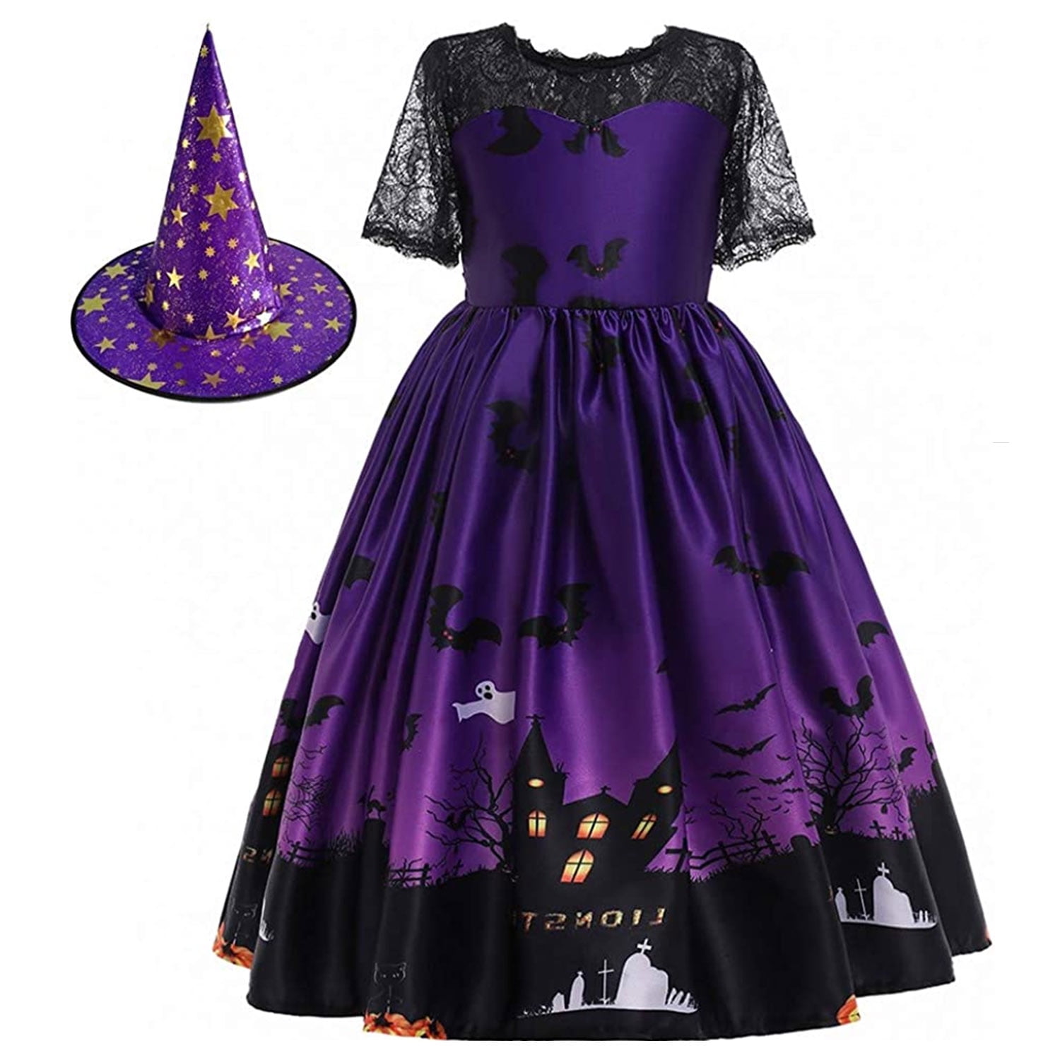 Girls Halloween Costume Dress w/Witch Hat Ghost Pumpkin Skull Printed ...