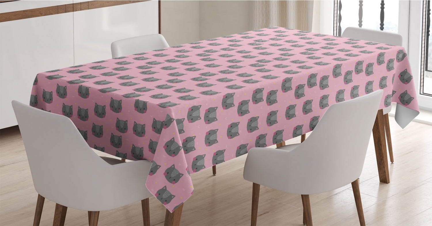 Cat Tablecloth, Greyscale Feline Portraits with Pastel Colored Stars ...