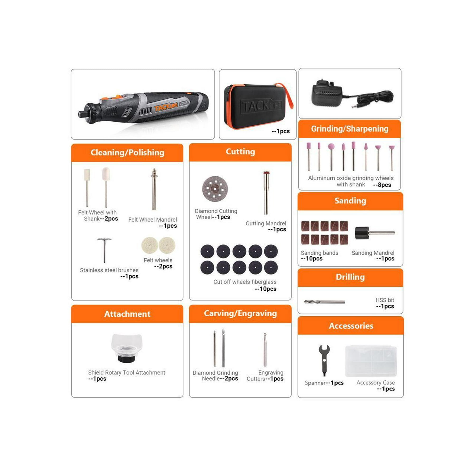 TACKLIFE RTD02DC Outil Rotatif Sans Fil Moteur 8V 2.0 Ah Batterie Li ion avec 43 Accessoires Longue Endurance Autre Outil Rotatif pour Maison Walmart