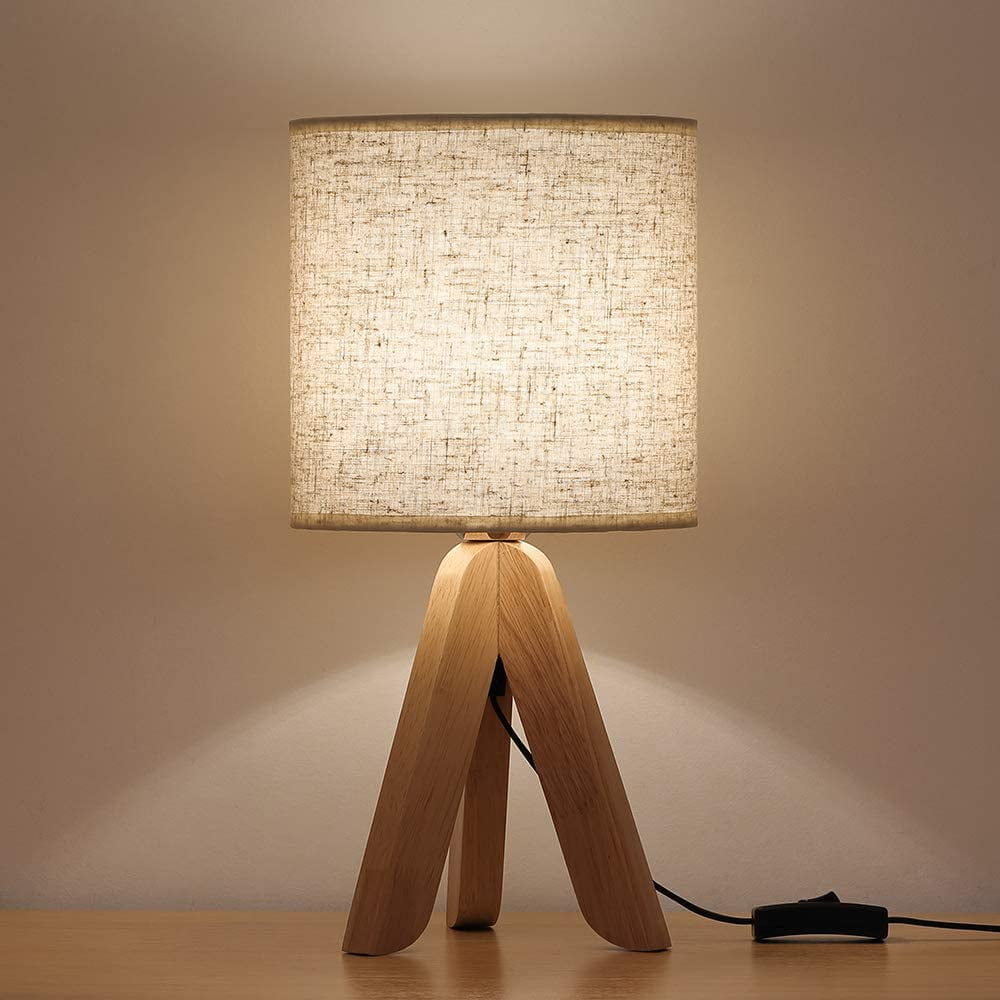 Haitral Small Bedside Table Lamp Wooden Tripod Nightstand Lamp With