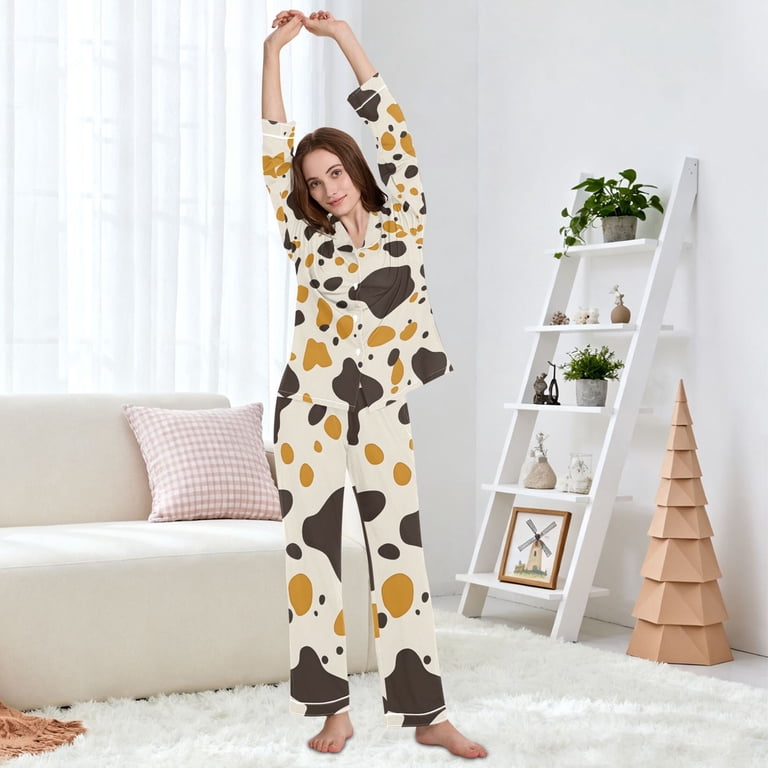 Cow Pattern Women Pajama Set Soft Notch Collar Button Down Long Sleeve ...