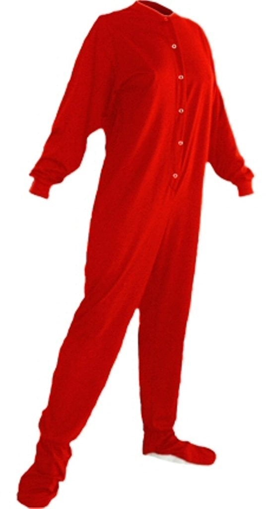 Mypartyshirt Red Jersey Knit Adult Footed Pajamas Footie Drop Seat