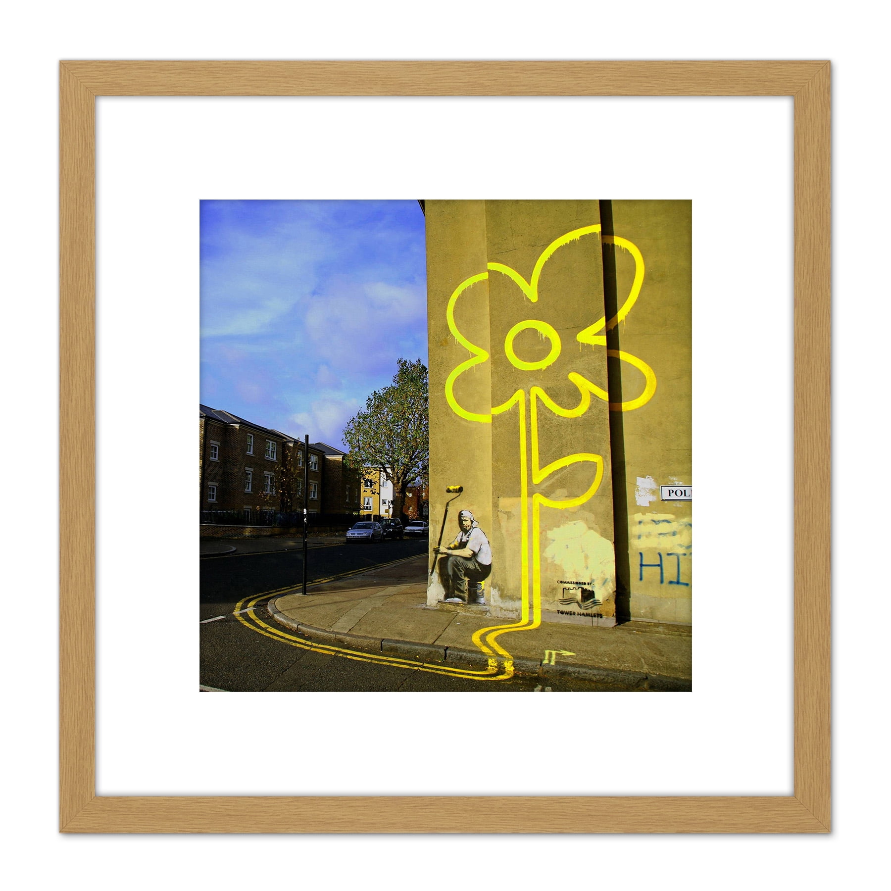 Banksy Yellow Lines Flower Painter Street 8X8 Inch Square Wooden Framed ...
