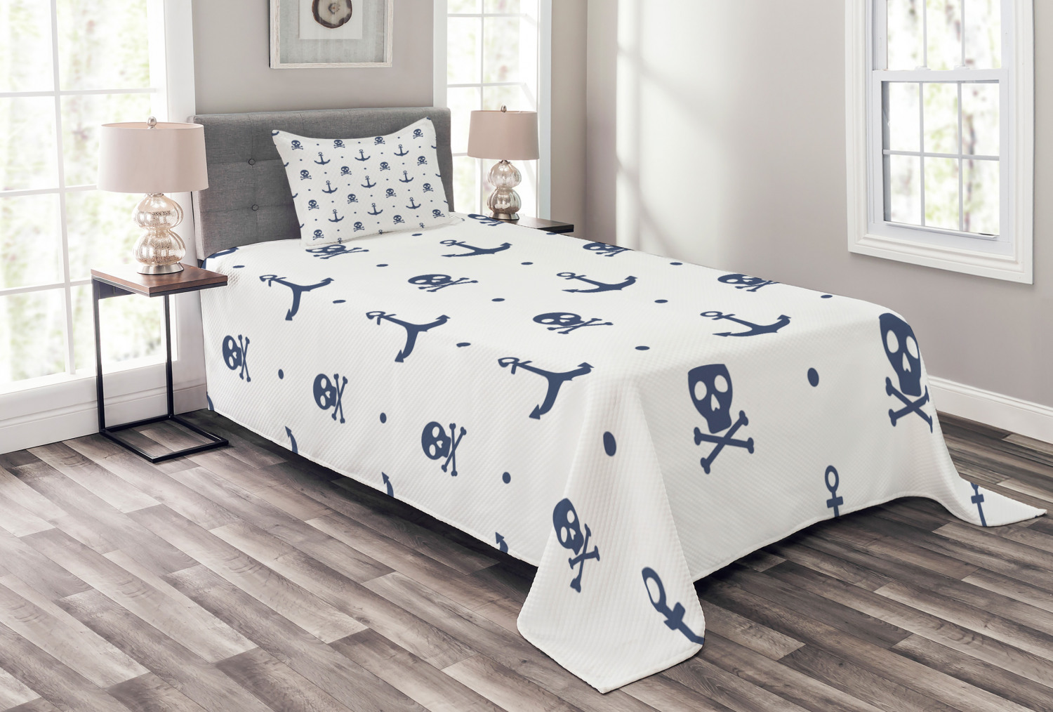 Anchor Bedspread Set Twin Size, Anchors and Skulls Crossed Bones Dots ...