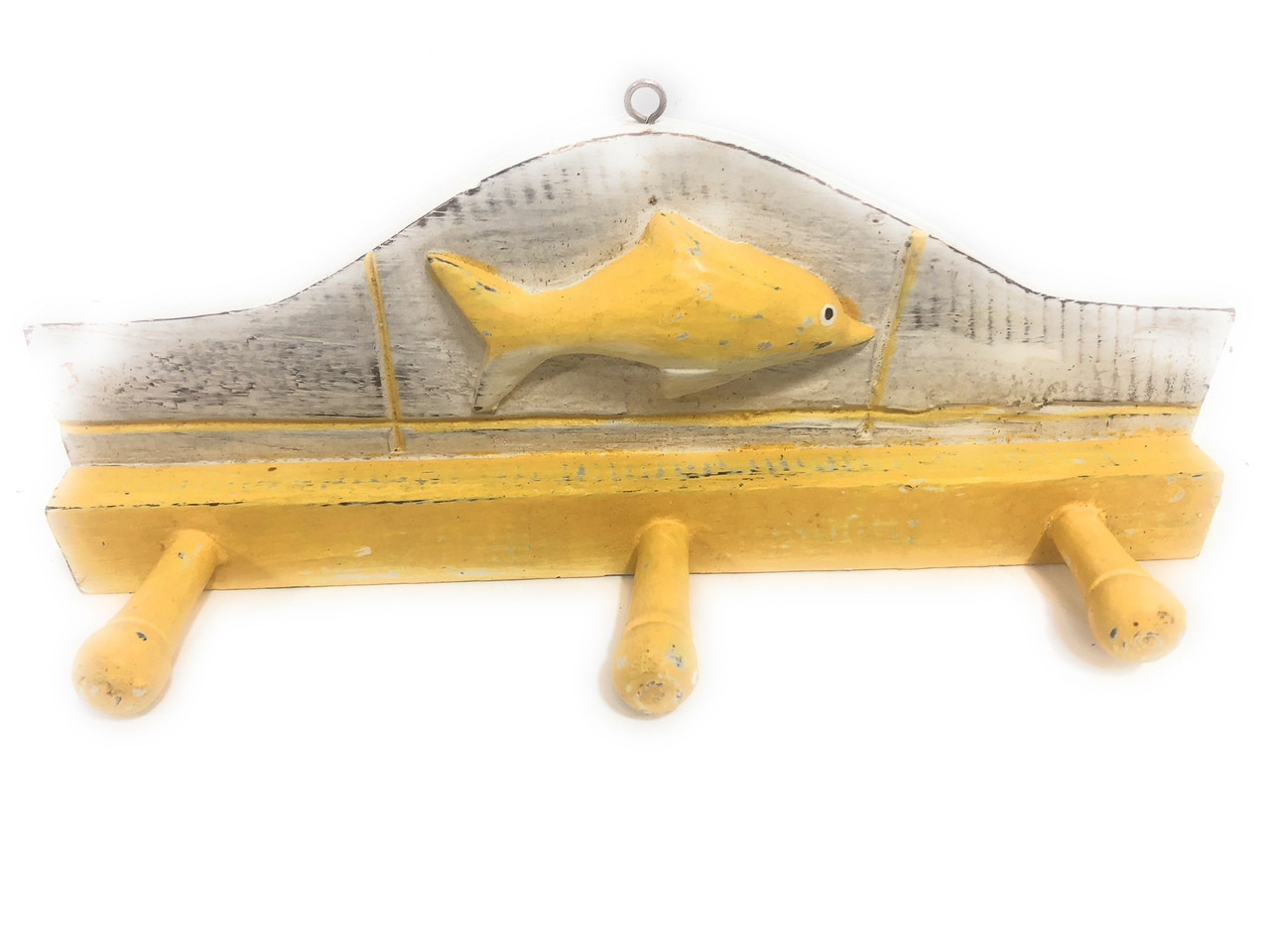 Fish Hanger 12" w/ 3 Pegs - Rustic Yellow Coastal Decor | #ort1700428y ...