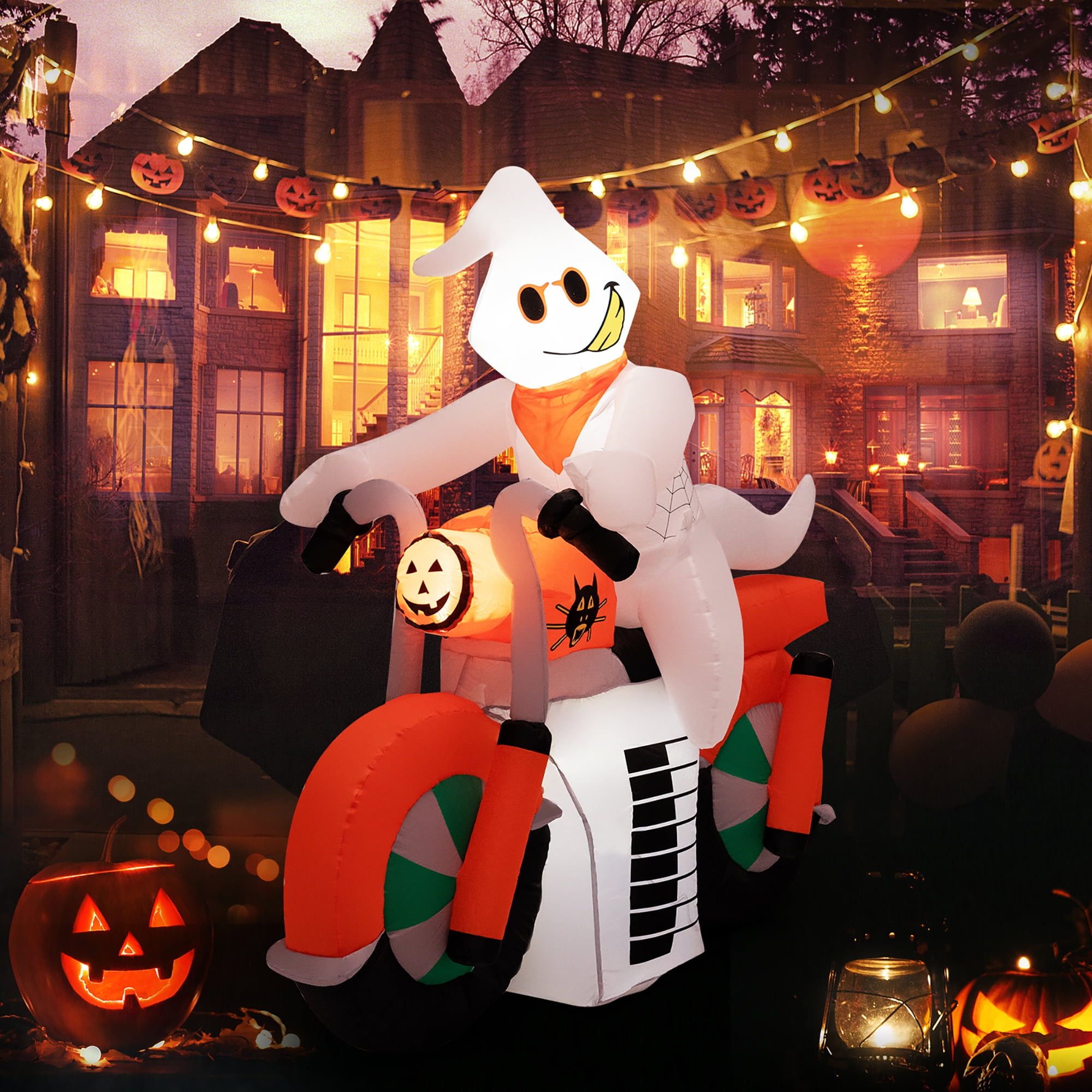 Costway 5 FT Halloween Inflatable Ghost Riding on Motor Bike Yard Decor ...
