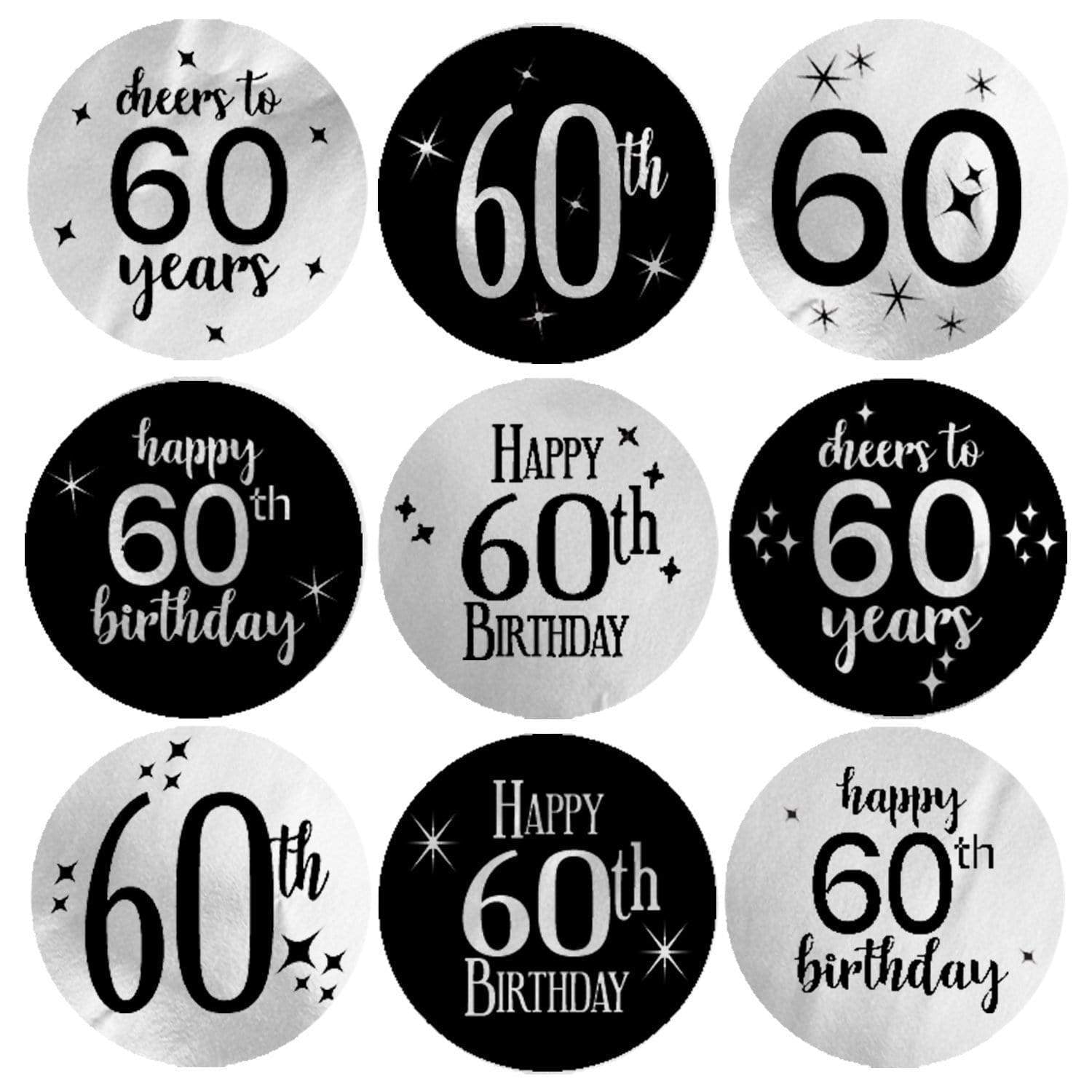 Black and Silver 60th Birthday Shiny Foil Party Favor Stickers - 180 ...