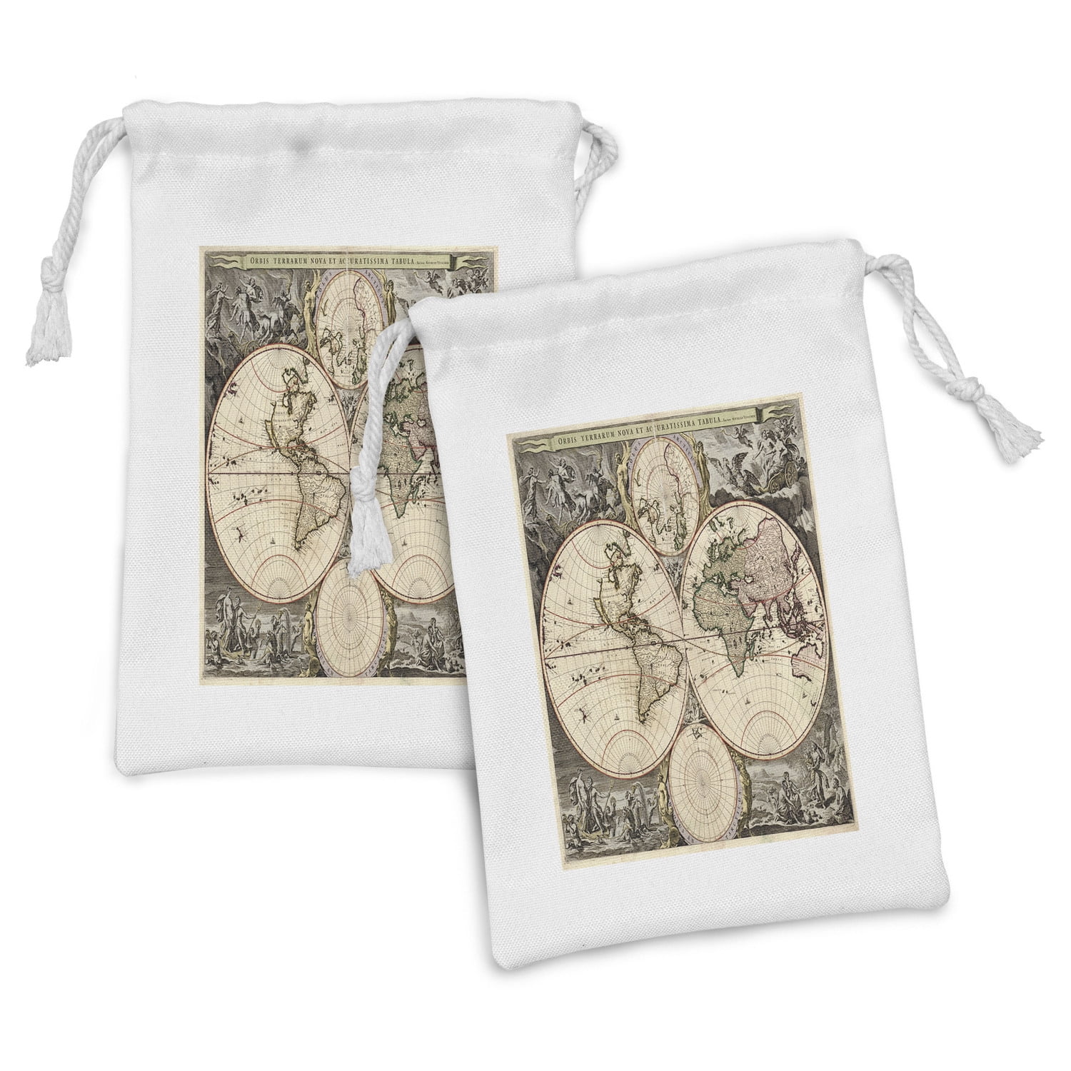 Cartography Fabric Pouch Set of 2, Vintage World Map Atlas with Greek ...