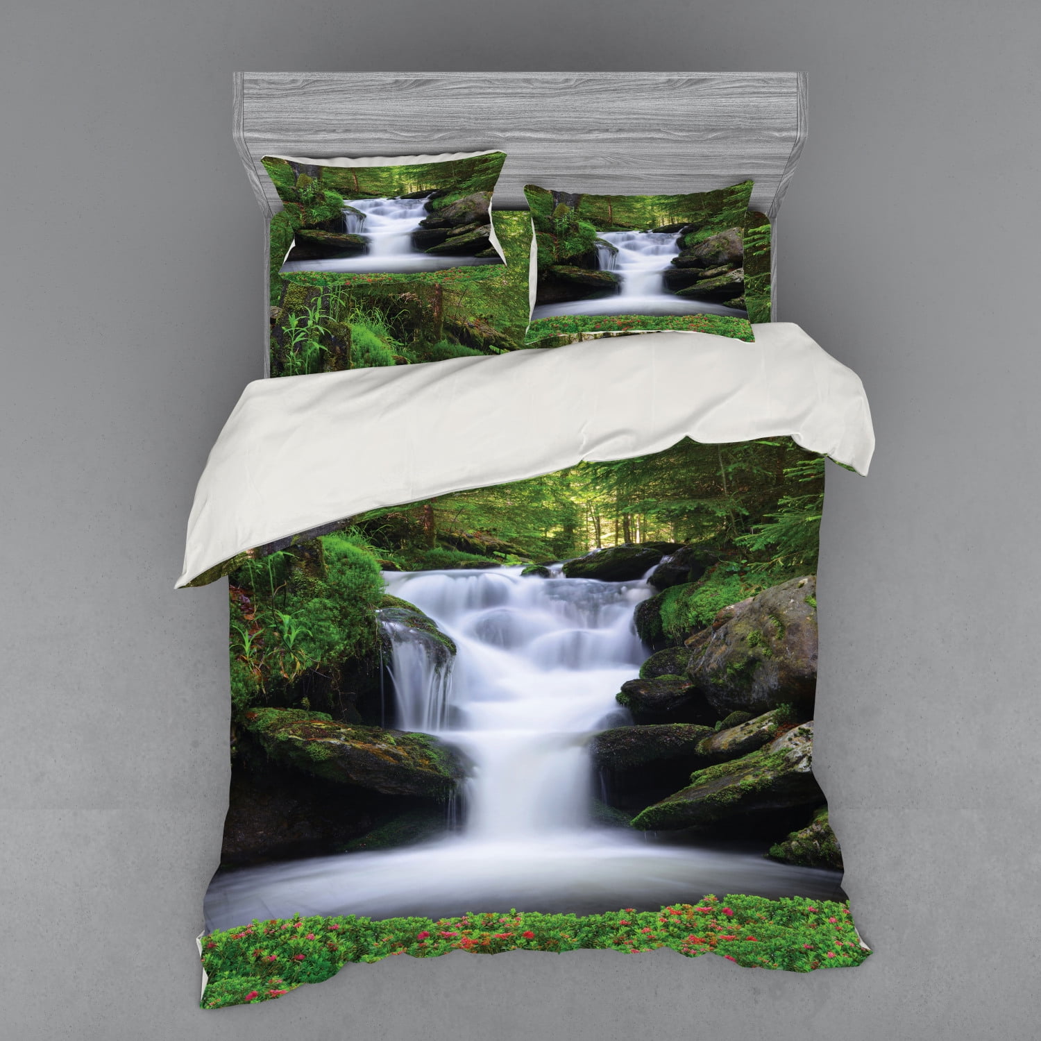 Ambesonne Nature Bedding Set 4 Pcs, Trees Flowers Waterfall, Queen ...