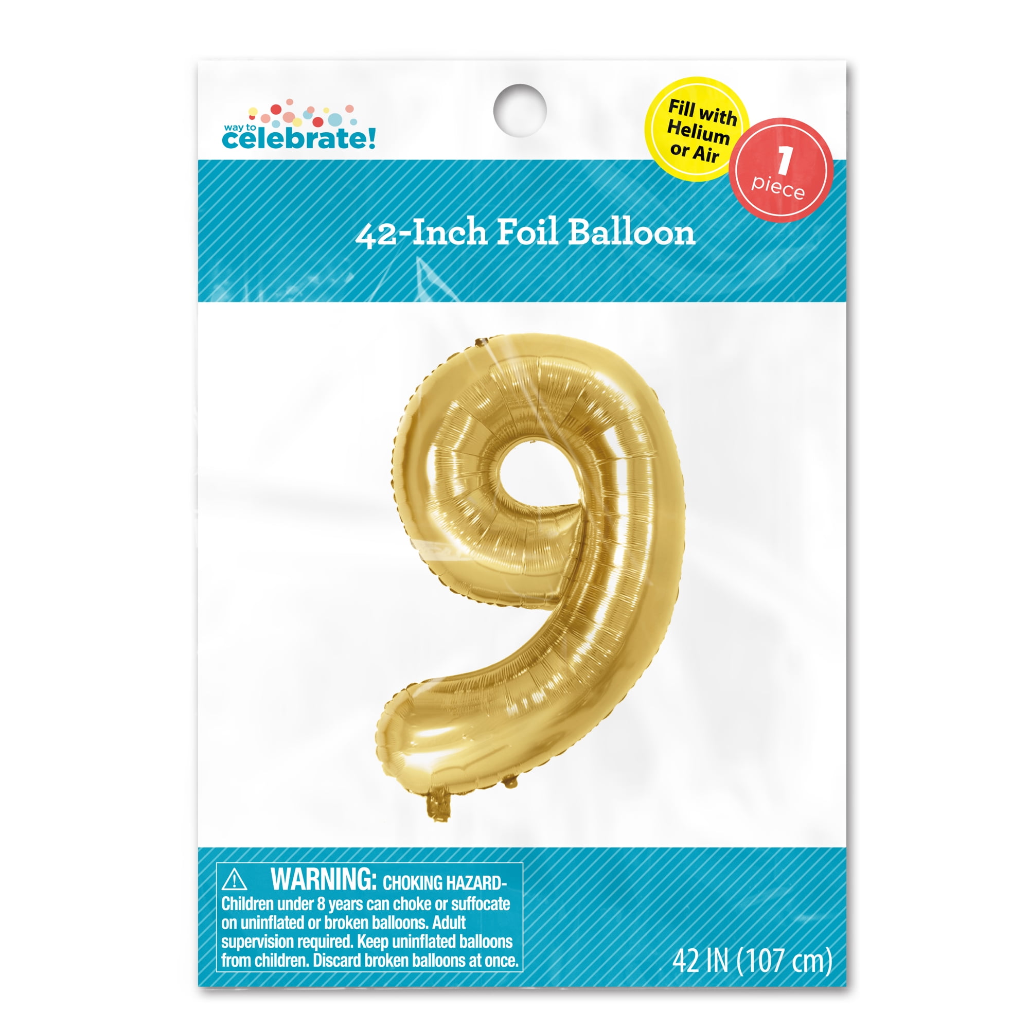 Way to Celebrate! 42" Gold Birthday Party Number Foil Balloon, Number 9 ...