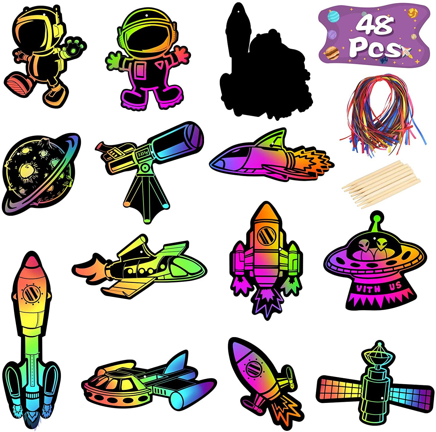 Outer Space Scratch Art Paper, 48 Sets Magic Rainbow Scratch Art DIY ...