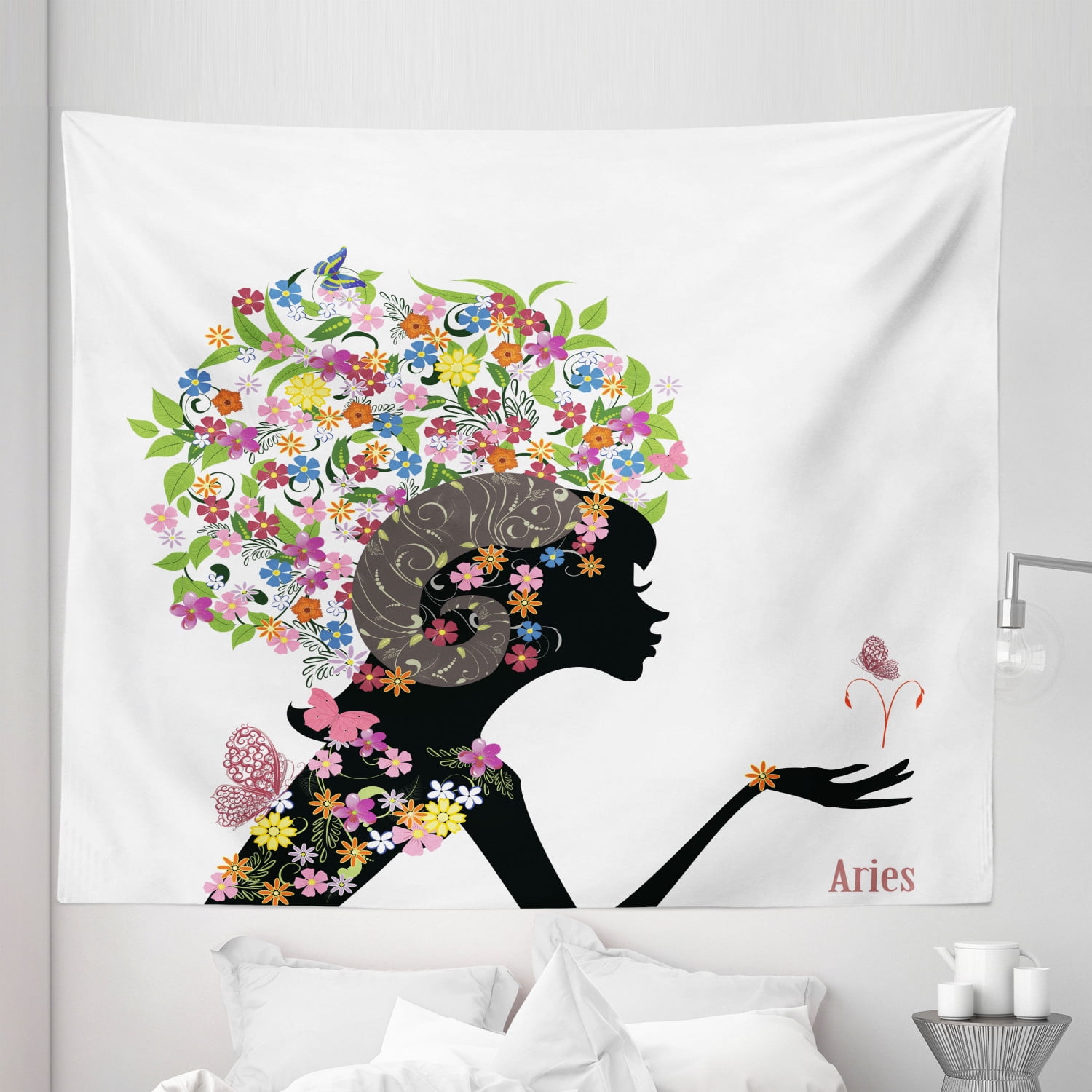 Zodiac Aries Tapestry, Fashion Girl Aries Woman with Horns Floral Dress ...
