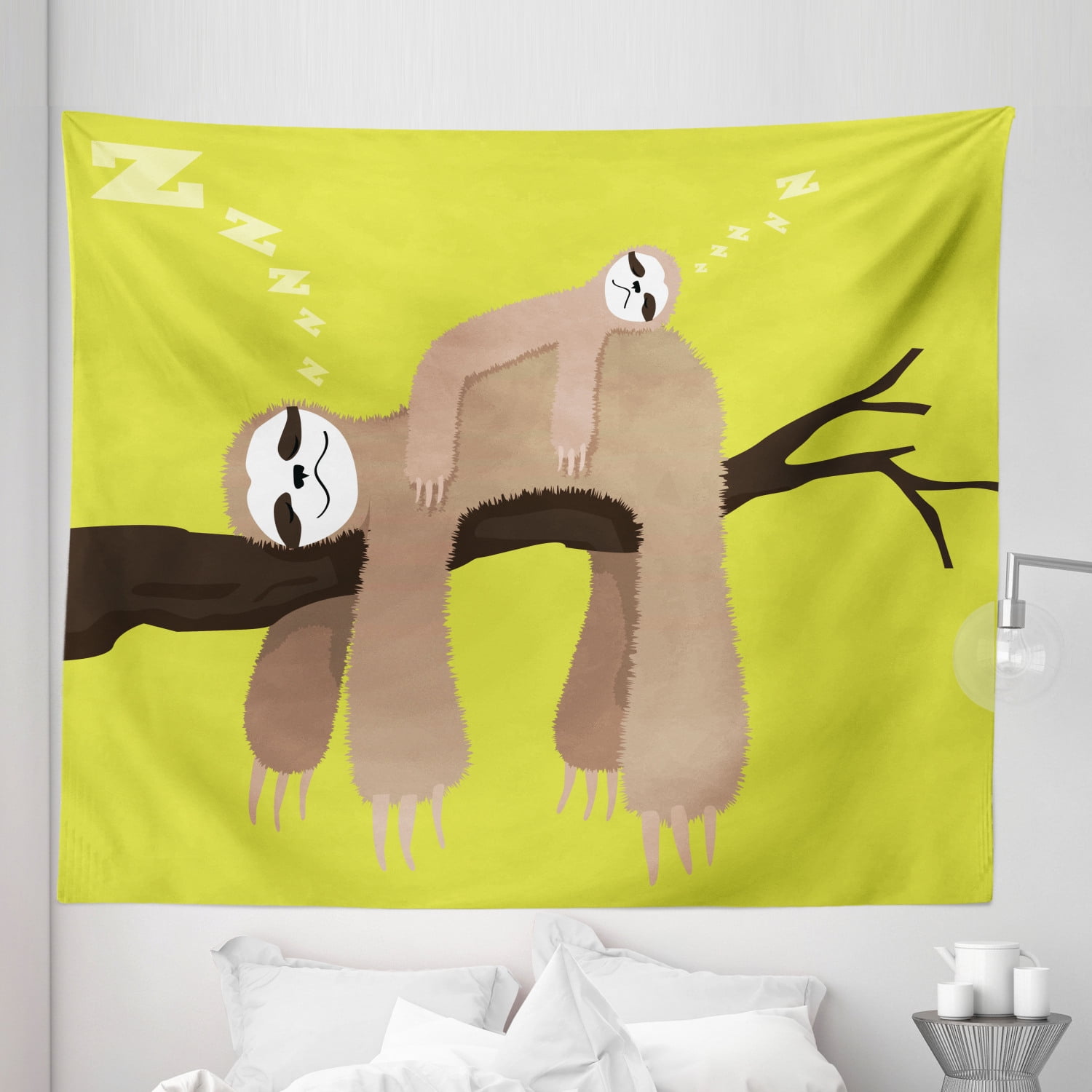 Sloth Tapestry, Cartoon Mother Sleeping on Branch Animal on Her Back ...