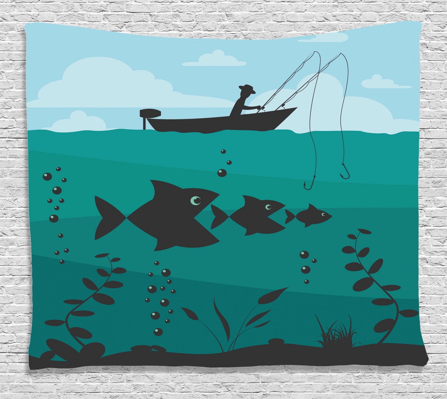 Fishing Decor Tapestry, Single Man in Boat Luring with Bobbins Nautical ...