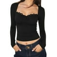 Female Sheer Mesh Lace Trim Tops Long Sleeve Square Neck Going Out Top ...