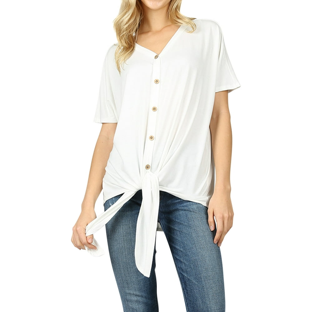 TheLovely - Women Short Sleeve V Neck Button Down T Shirts Tie Front ...
