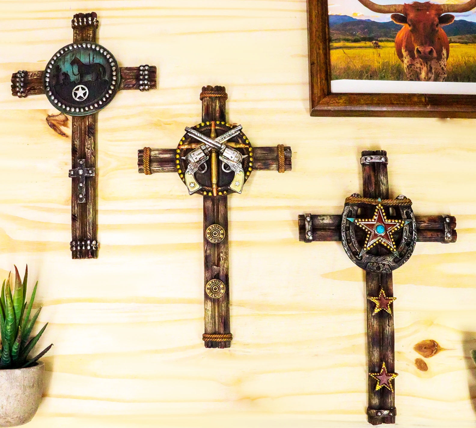 Set Of 3 Rustic Western Star Horseshoe Cowboy Horse And Pistols Wall ...