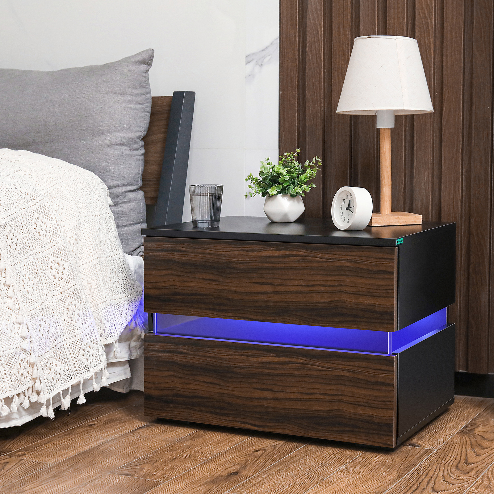 Hommpa LED Nightstand 2 Drawers Night Stand Wooden Texture Bedside ...