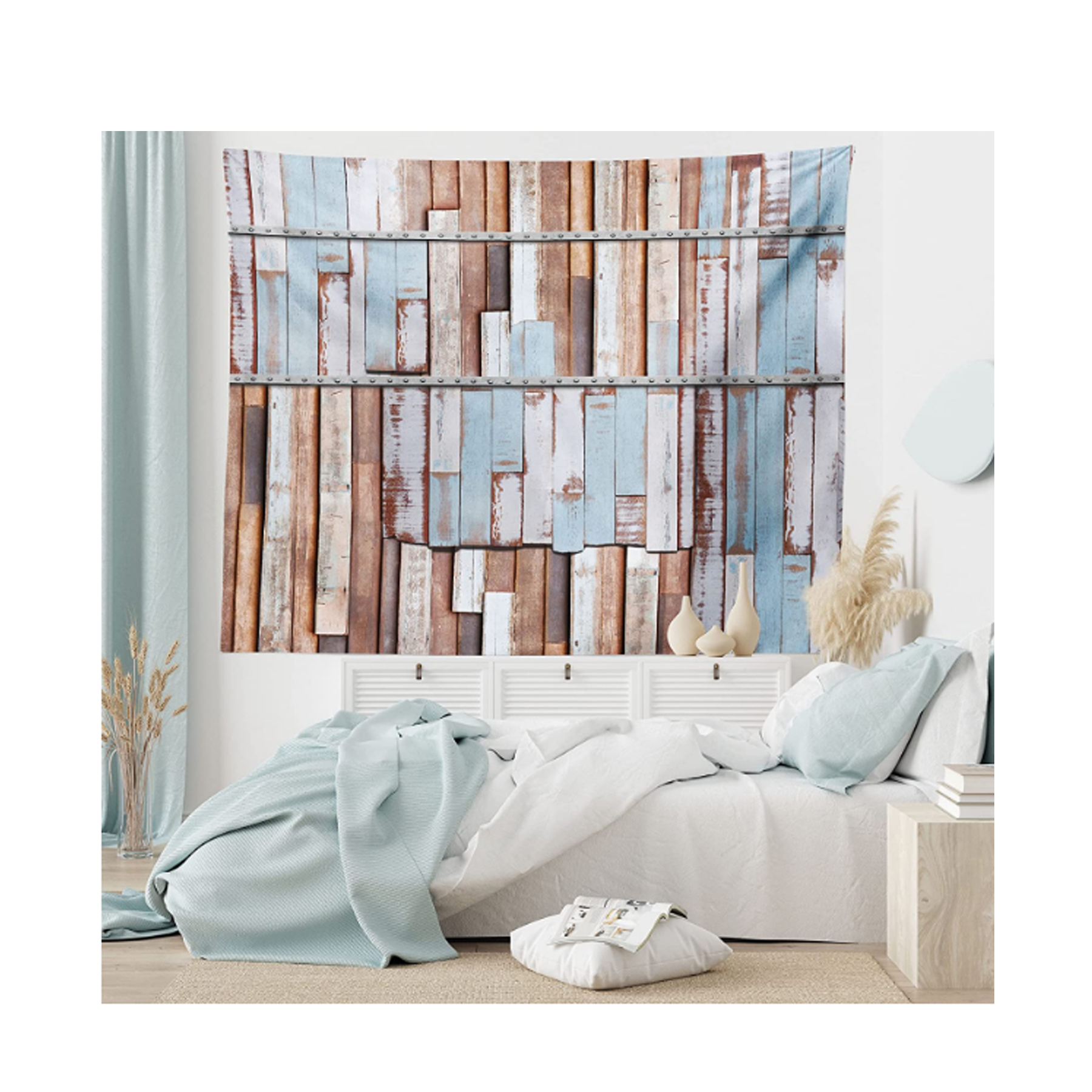 Rustic Tapestry, Nautical Long Wooden Planks Tree Designs on with Rusty ...