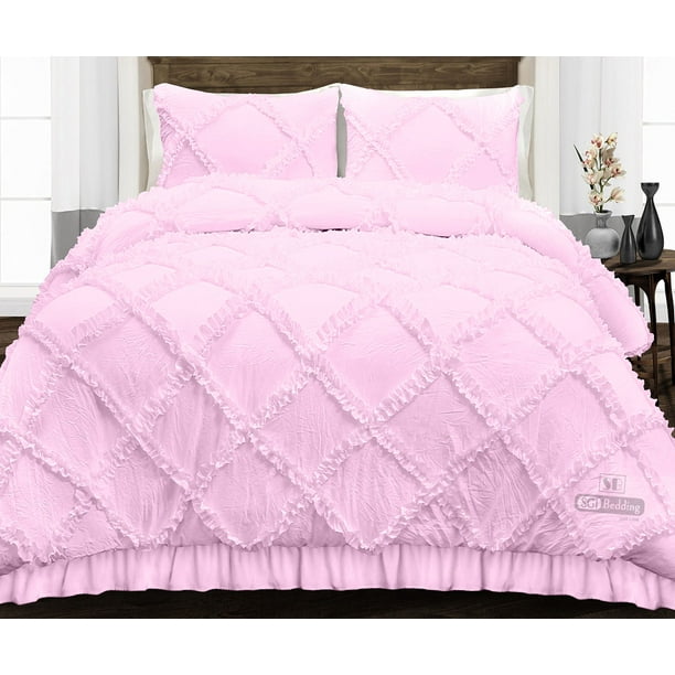 SGI Queen Diamond Ruffle Comforter Set Microfiber 3 Piece Pink ...