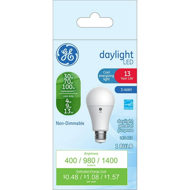 GE LED 4W/9W/13W (30W-70W-100W Equivalent) Daylight Color, 3-Way Light ...