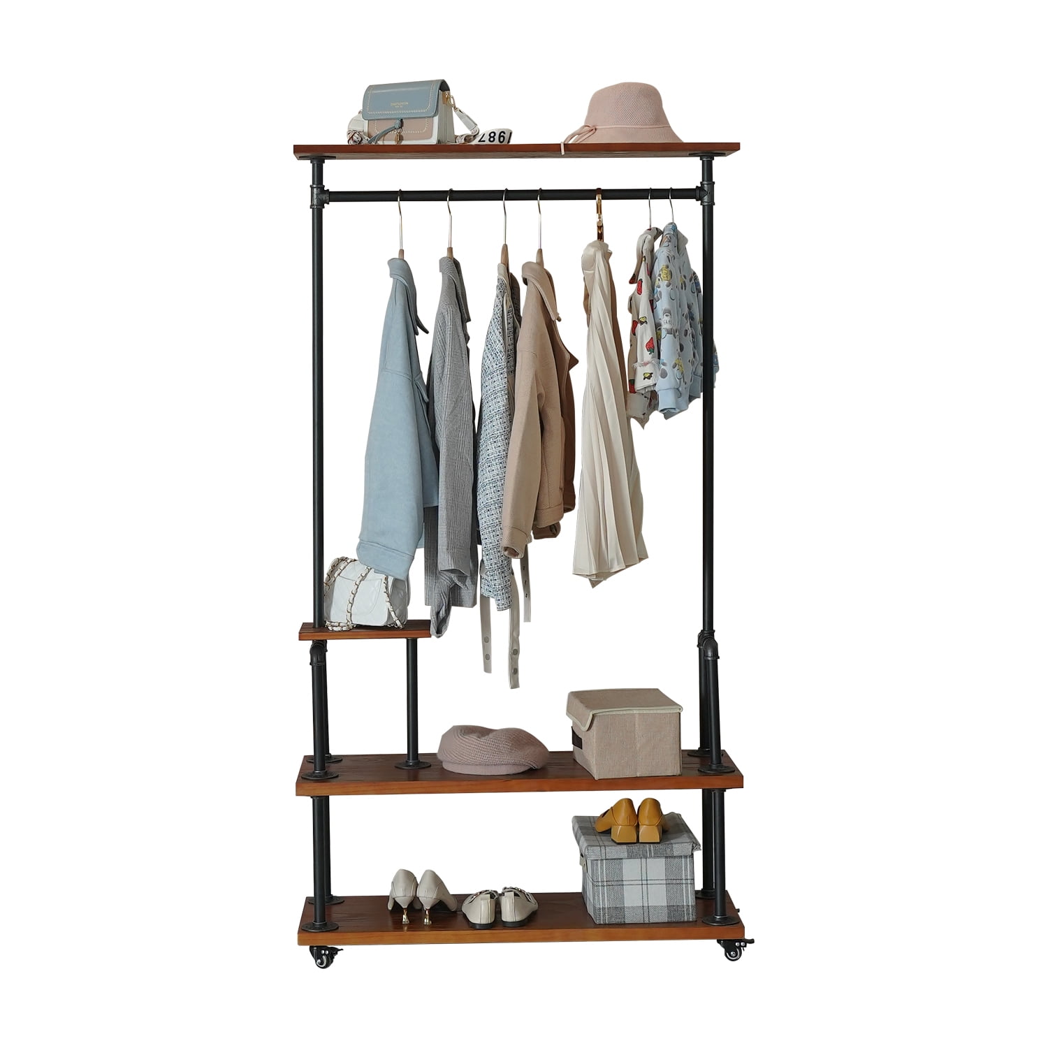 Industrial Pipe Clothing Rack, 4 Tiers Wood Board Garment Rack ...