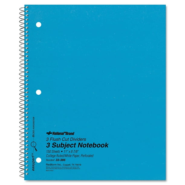 National 3 Subject Wirebound Notebook, College Rule, 11 x 8 7/8, White ...